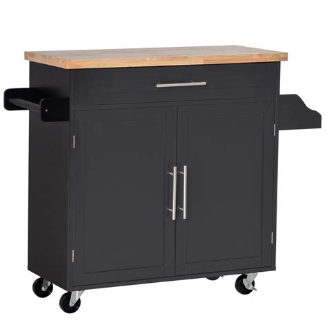 Homcom Kitchen Island Rolling Cart Storage Trolley With Rubberwood Top