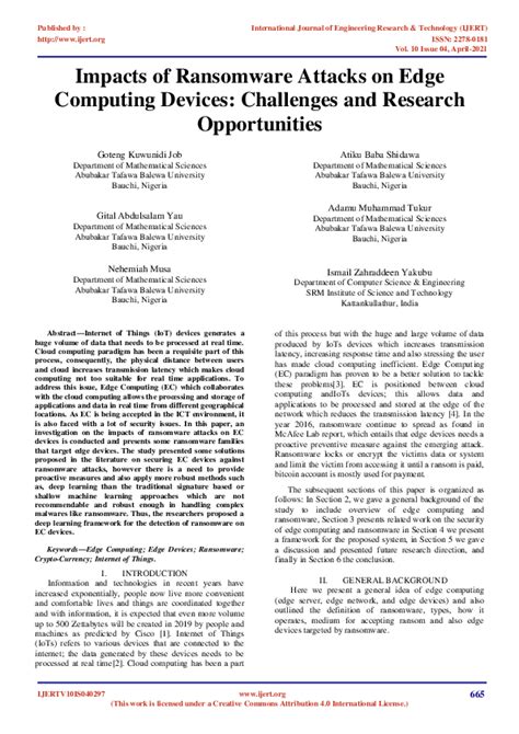 Pdf Impacts Of Ransomware Attacks On Edge Computing Devices Challenges And Research Opportunities