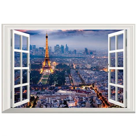 파리 야경 가짜 3d 창문 아트 벽 스티커 타워 풍경 비닐 벽화 홈 장식 도시 풍경 벽지 60x40cm벽걸이 스티커 Aliexpress