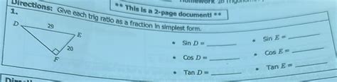 Answered Directions Give Each Trig Ratio As A Fraction In Simplest