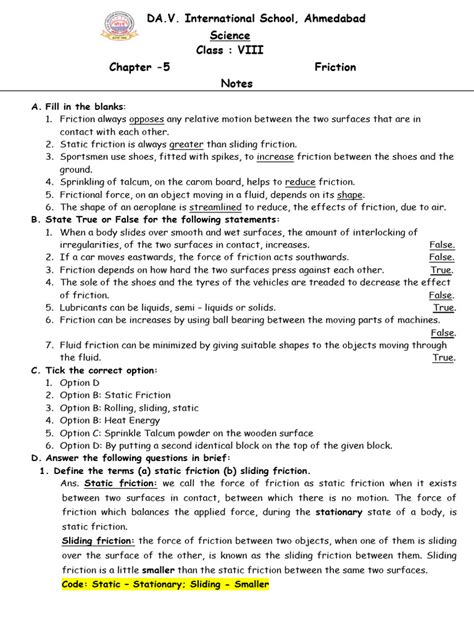Class 8 Science Ch 5 Friction Notes Pdf Friction Force