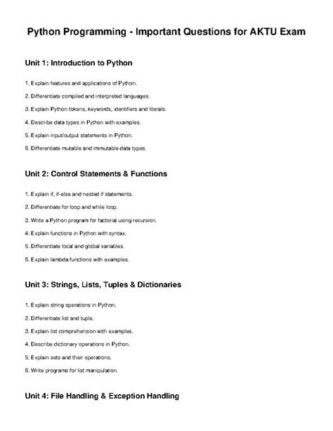 Python Programming Important Questions For Aktu Exam Units 1 4 Studocu