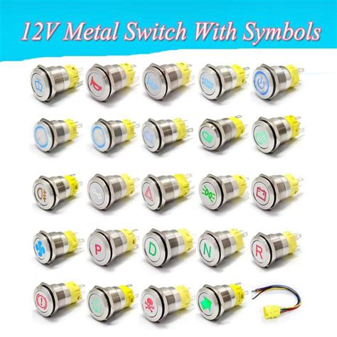 Commonly 19mm 12v Led Light Push Button Metal Switch Latching Symbol Car Racing Marine Skull