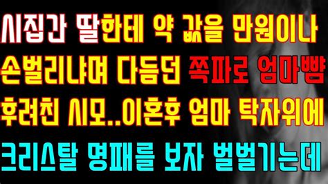 반전 실화사연 시집간 딸한테 약 값을 만원이나 손벌리냐며 다듬던 쪽파로 엄마뺨 후려친 시모 이혼후 엄마 탁자위에 크리스탈