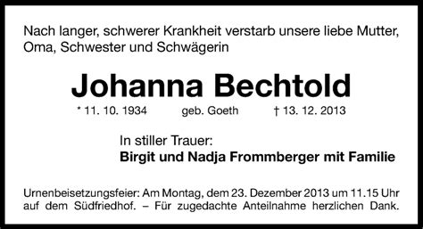Traueranzeigen Von Johanna Bechtold Trauer Nn De