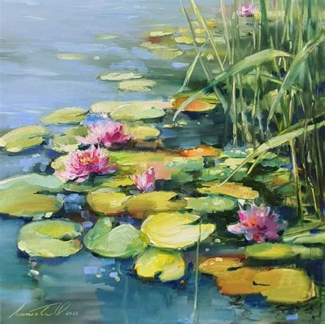 Купити картину «Рожеві латаття в жанрі водний і морський пейзаж олійними фарбами на полотні