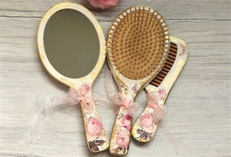 Victorian Wood Hair Brush And Mirror Set Renaissance Rose T For Her