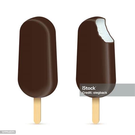 아이스크림 에스키모 벡터 일러스트레이션을 통물하고 물린 흰색 배경에 고립 된 나무 막대기로 초콜릿으로 덮인 아이스캔디 가지 식물 부위에 대한 스톡 벡터 아트 및 기타 이미지