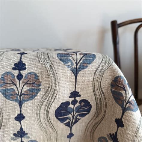 Rustic Natural Linen Tablecloth With Big Print Custom Size Round
