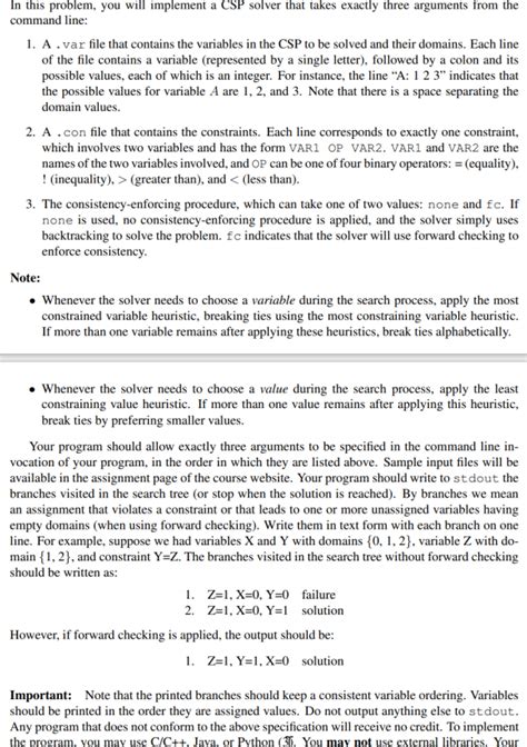 In This Problem You Will Implement A CSP Solver That Chegg
