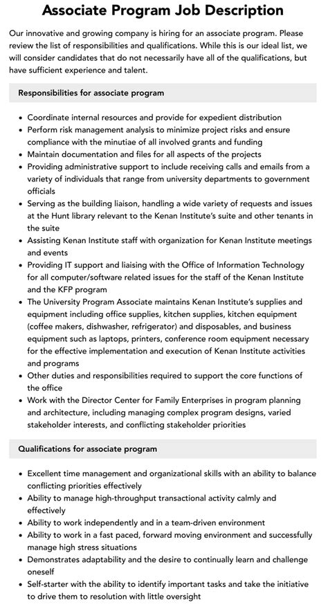 Associate Program Job Description Velvet Jobs