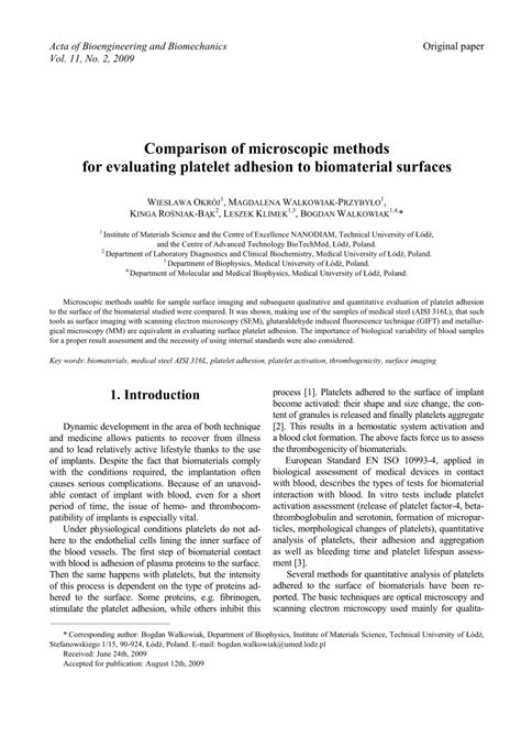 Pdf Comparison Of Microscopic Methods For Evaluating Platelet Adhesion To Biomaterial Surfaces