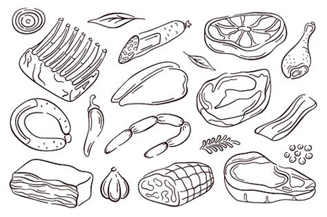 라인 아트 스타일의 고기 세트 햄 닭고기 쇠고기 소시지 살라미 소시지 돼지 고기와 같은 다양한 육류 제품 컬렉션 배너 메뉴 전단지 및 정육점 또는 상점을 위한 디자인 개체