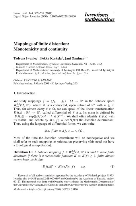 Pdf Mappings Of Finite Distortion Monotonicity And Continuity