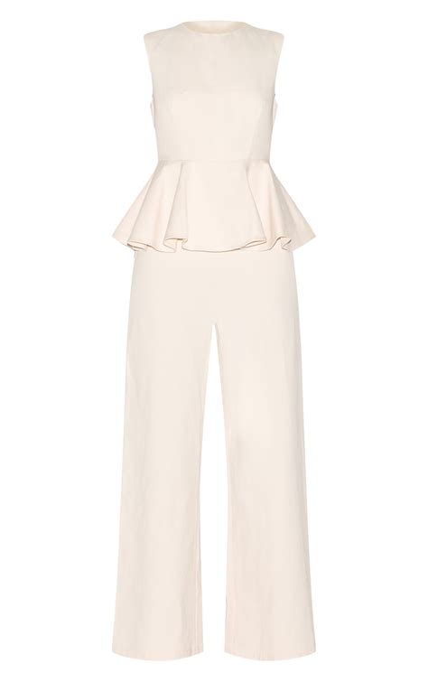 Ecru Cotton Peplum Detail Wide Leg Jumpsuit Dresses Plt Usa