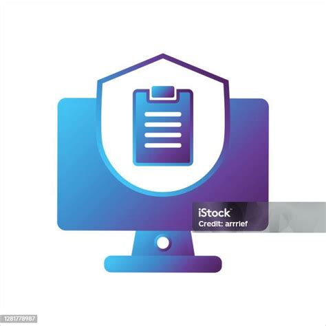 컴퓨터 그림입니다 방패와 작업 기호가있는 컴퓨터 안전한 컴퓨팅개념입니다 그라데이션 스타일 벡터 일러스트레이션 벡터 아이콘 개념 감시에 대한 스톡 벡터 아트 및 기타 이미지