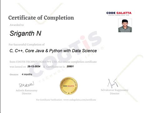 Thrilled To Share That Ive Completed Certifications In C C Java Sriganth N