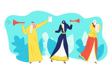 아랍 무슬림 캐릭터 사람들 선전 부르카 푸르다의 여성 남성은 문서 종이와 확성기 평면 벡터 삽화를 들고 흰색으로 격리되어 있습니다 경영자에 대한 스톡 벡터 아트 및 기타