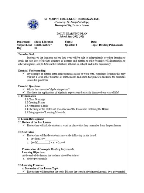 Lp Day 8 Dividing Polynomials Pdf Algebra Mathematics