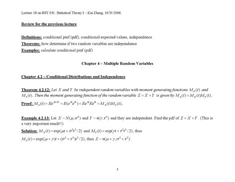 Notes On Conditional Distributions And Independence Bst 631 Docsity