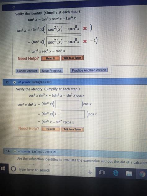 solved verify the identity simplify at each step tan8