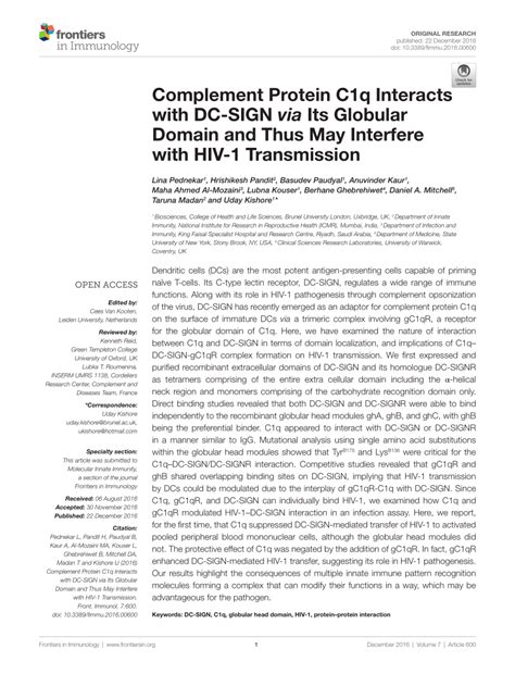 PDF Complement Protein C Q Interacts With DC SIGN Via Its Globular