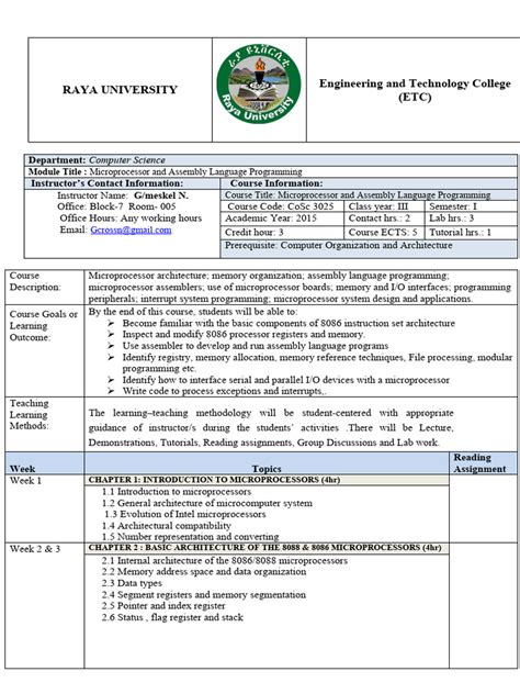 Course Plan Microprocessor And Assembly L Pdf Computer Program Programming