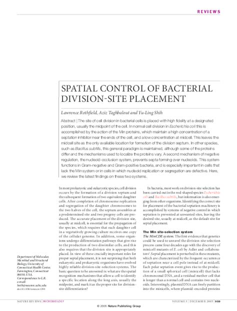 Pdf Spatial Control Of Bacterial Division Site Placement