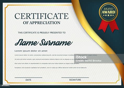 감사 대상 서식 파일의 크리에이 티브 인증서입니다 인증서 템플릿 디자인 최고의 수상 기호와 파란색과 골든 모양 배지 벡터 일러스트입니다 상에 대한 스톡 벡터 아트 및 기타
