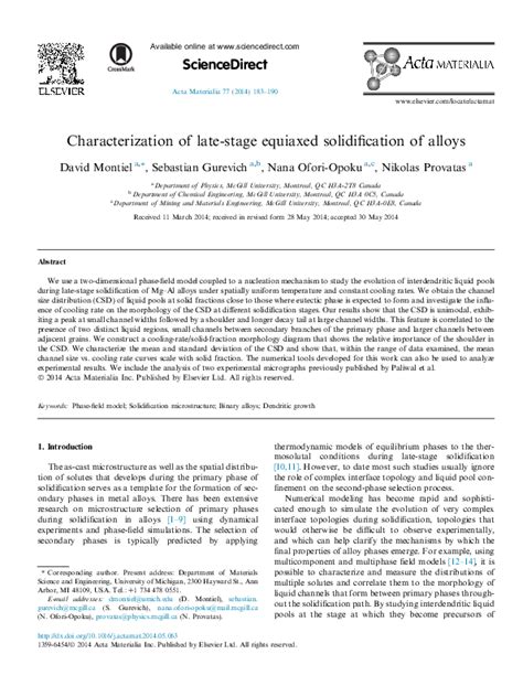 Pdf Characterization Of Late Stage Equiaxed Solidification Of Alloys