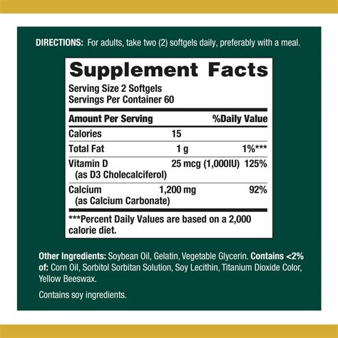 Natures Bounty Calcium Plus Vitamin D3 1200mg Softgels 120 Ct