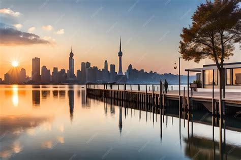 Premium Photo A City Skyline With A Reflection Of The Skyline In The