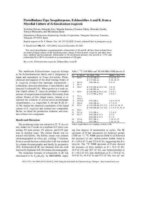 Pdf Protoilludane Type Sesquiterpenes Echinocidins A And B From A