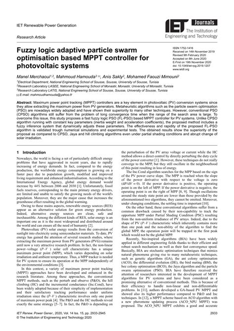 Pdf A Fuzzy Logic Adaptive Particle Swarm Optimization Based Mppt