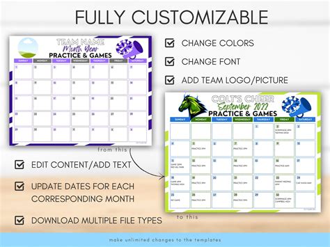 Editable Cheerleader Calendar Template Instant Download Practice Game