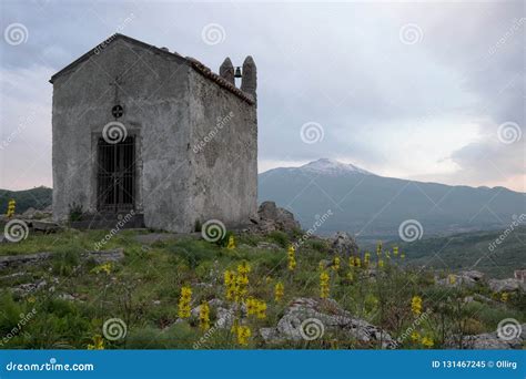 Calvario Chuch On Background Etna Volcano Stock Image Image Of Mount