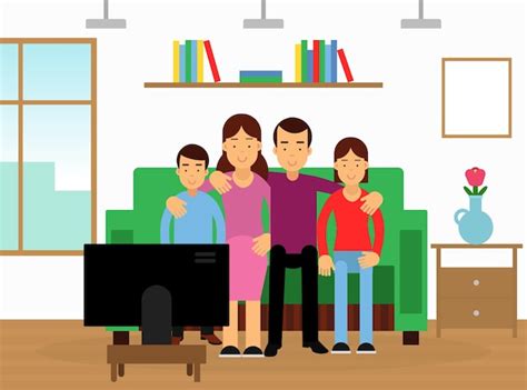 어머니 와 함께 행복 한 가족 아버지 와 아이 들 이 소파 에 앉아 함께 Tv 를 보고 있다 프리미엄 벡터