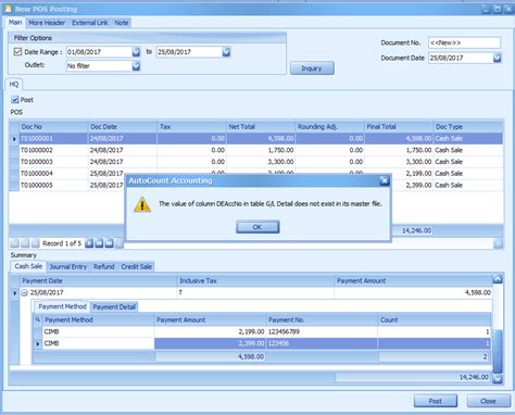 Pos Pos Posting Error The Value Of Column Deaccno In Table Gl Does Not Exist In Its Master