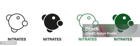 아질산염 성분 라인과 실루엣 아이콘 세트 유기농 영양 녹색과 검은 색 픽토그램 분자 질산염 첨가제 기호 흰색 배경에 컬렉션입니다 고립된 벡터 그림 식품첨가물에 대한 스톡