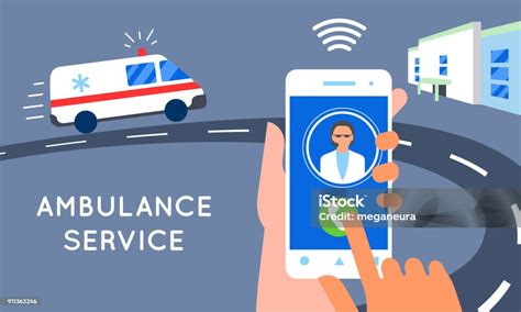 긴급 전화 개념 그림입니다 구급차 자동차 손 전화 걸기 번호 구급차 서비스 연산자 병원 건물 현대 평면 스타일 디자인 개념에 대한 스톡 벡터 아트 및 기타 이미지 Istock