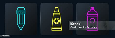 지우개 페인트 스프레이 캔 및 페인트 팔레트 튜브 설정 라인 연필 검은 정사각형 버튼 벡터 검은색에 대한 스톡 벡터 아트 및 기타 이미지 Istock