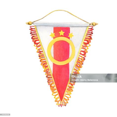 노란색 원과 노란색 별이 있는 축구 페넌트의 수채화 그림 흰색 배경에 빨간색과 흰색 깃발 선이 그려져 있습니다 축구 팬을 위한