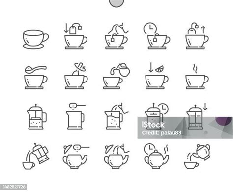 차 만들기 단계 자습서 컵 머그잔 주전자 찻주전자 음료 준비 단계 지침 가이드 픽셀 퍼펙트 벡터 가는 선 아이콘 간단한 최소 픽토그램 티백에 대한 스톡 벡터 아트 및 기타