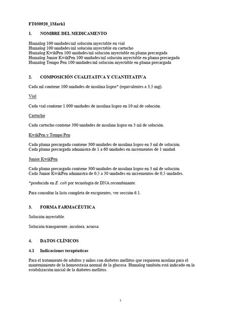 Ficha Tecnica Humalog Insulina Lispro 100 Ui Ml Pdf