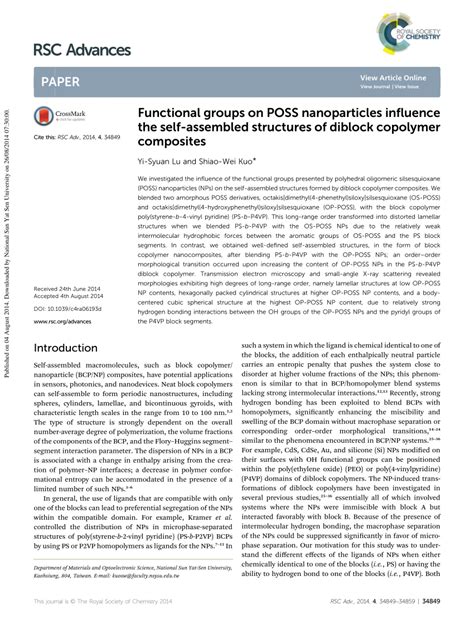 Pdf Functional Groups On Poss Nanoparticles Influence The Self Assembled Structures Of Diblock