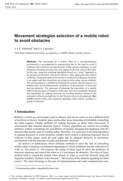pdf movement strategies selection of a mobile robot to avoid obstacles