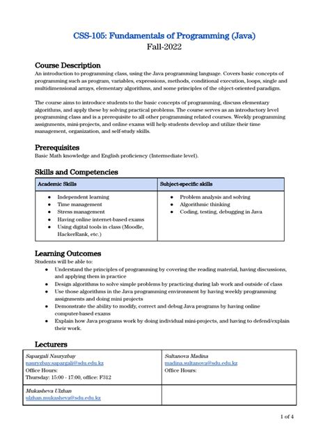 Css 105 Syllabus Fall 2022 Pdf Computer Programming Test Assessment