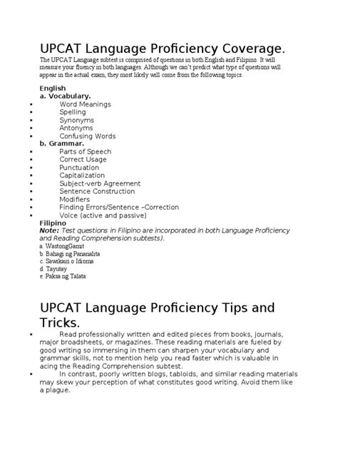 Upcat Language Proficiency Coverage Pdf Vocabulary English Language