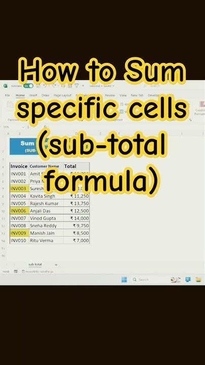 Excel Tutorial Sum Specific Cells With Subtotal Formula Excel Excel Tips Exceltutorial Youtube