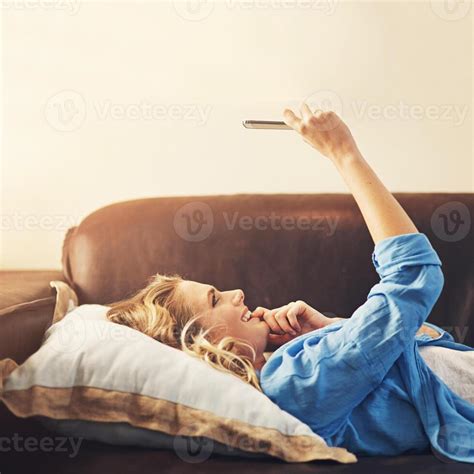 Happy Woman And Relax In Home With Selfie Social Media Post And